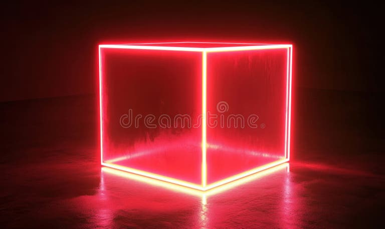 Glowing Red Neon Cube with Reflective Surface in Dark Environment Stock ...