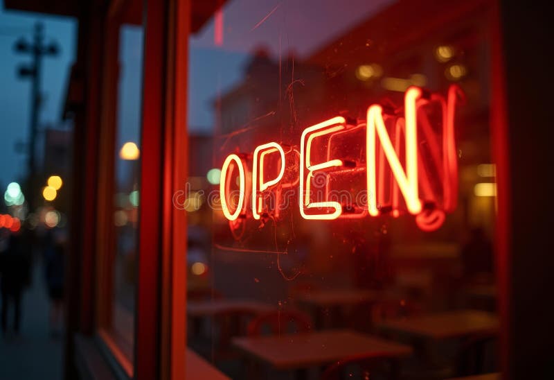 Glowing Red Neon Open Sign in Storefront Window at Dusk Stock Image ...