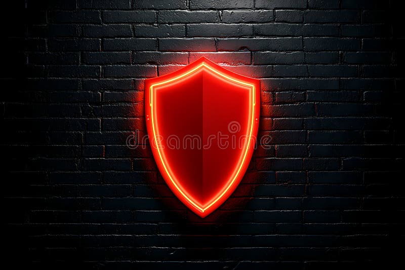 Red Neon Shield Shining on a Black Brick Wall Symbolizing Security ...