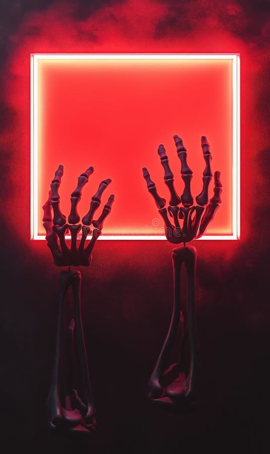 Glowing Red Neon Skeleton Hands Reaching Toward Illuminated Frame ...
