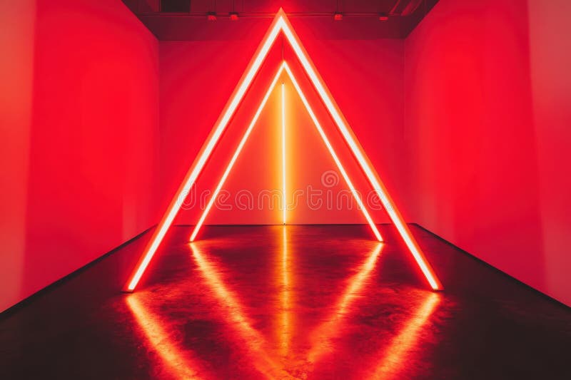 Glowing Red Neon Triangle Art Installation in Dark Gallery Space Stock ...
