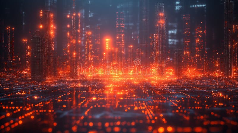 Glowing Red Neural Network Over a Digital Cityscape, Visualizing Data Flow and AI Logic Stock ...