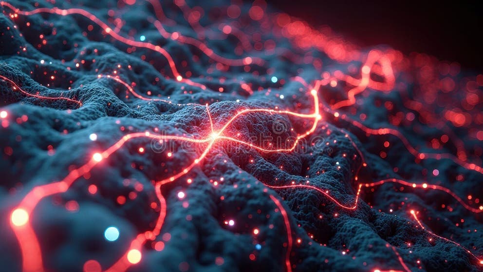 Glowing Red Neural Network Pathways on Textured Surface Stock ...