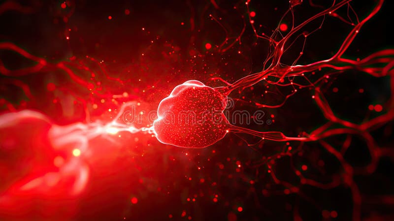 Glowing Red Neuron with Branching Connections on Dark Background Stock ...