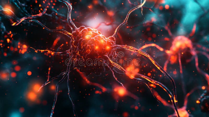 Glowing Red Neuron Cell with Branching Axons and Dendrites Stock ...