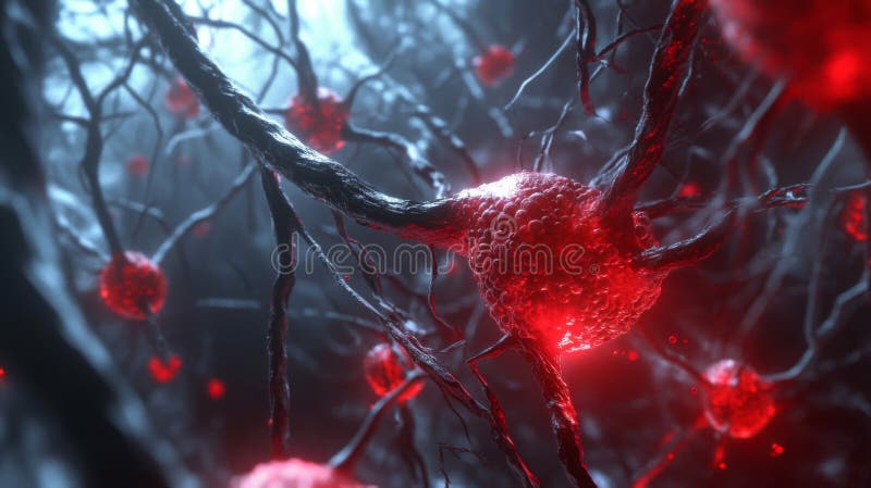 Glowing Red Neurons in a Complex Network Stock Illustration ...