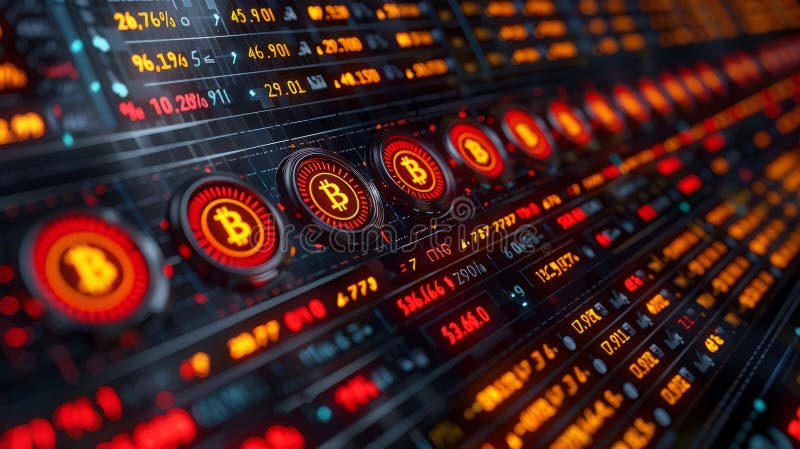 Glowing Red and Orange Circuit Board with Spinning Bitcoin Symbols ...