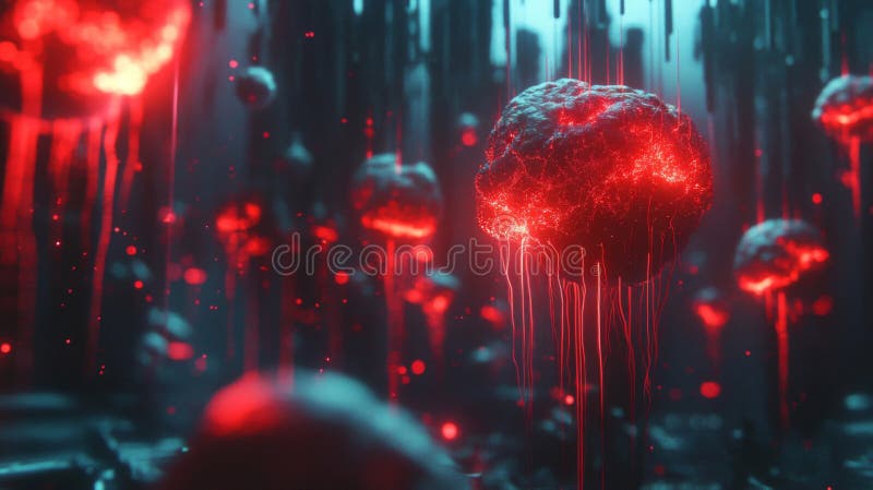 Glowing Red Orb Structures in a Dark Digital Realm Stock Illustration ...
