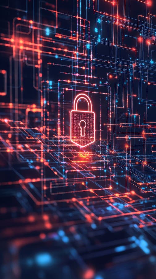 A Glowing Red Padlock on an Abstract Digital Network Background Stock ...