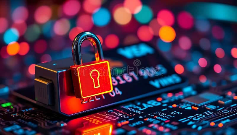 Glowing Red Padlock, Computer Circuit Board, Stock Illustration ...