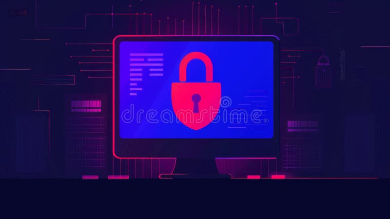 A Glowing Red Padlock on a Computer Screen Against a Blue and Purple ...