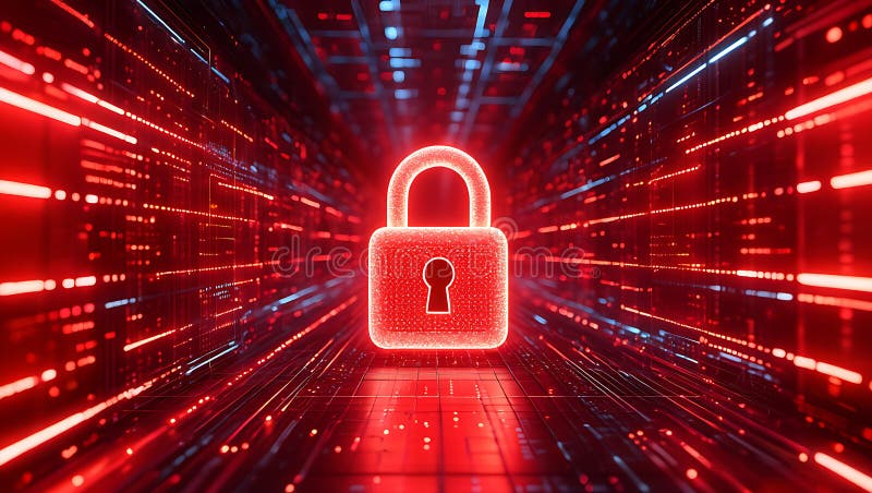 Glowing Red Padlock in Digital Data Tunnel Security Stock Illustration ...