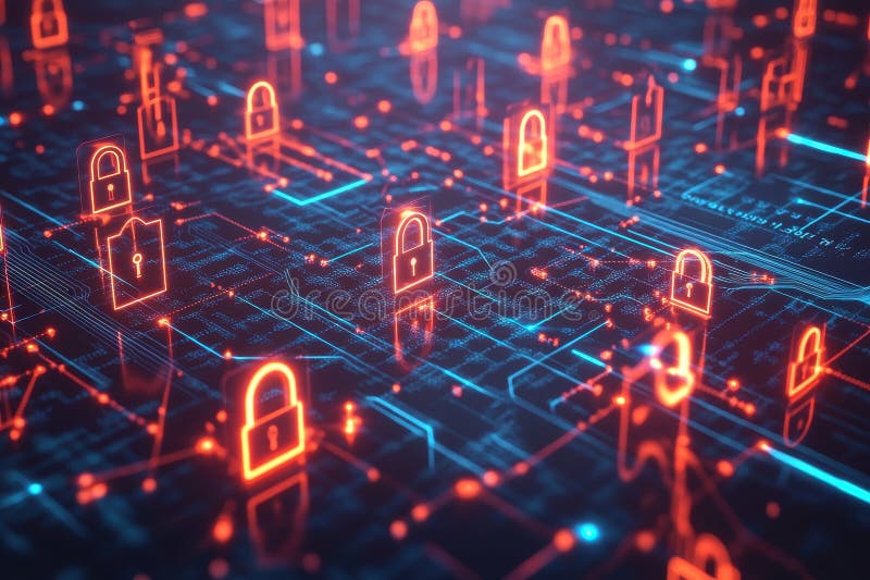 Glowing Red Padlock Icons on a Digital Circuit Board Stock Illustration ...