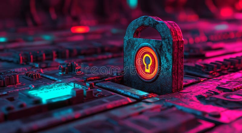 Glowing Red Padlock Set Against a Digital Circuit Backdrop with Neon ...