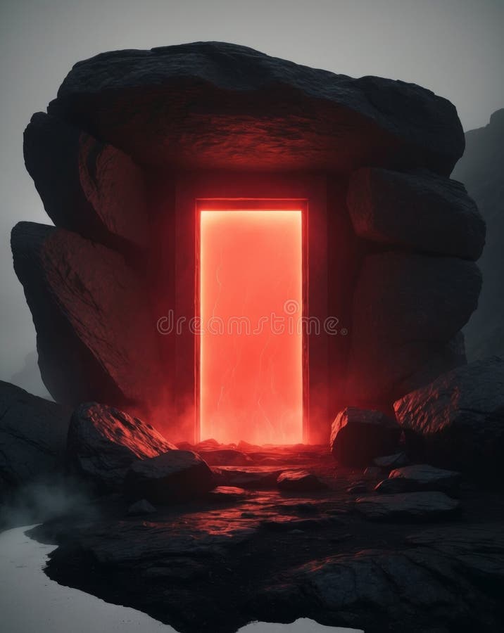 Glowing Red Portal in Dark Rocky Landscape. Stock Image - Image of ...
