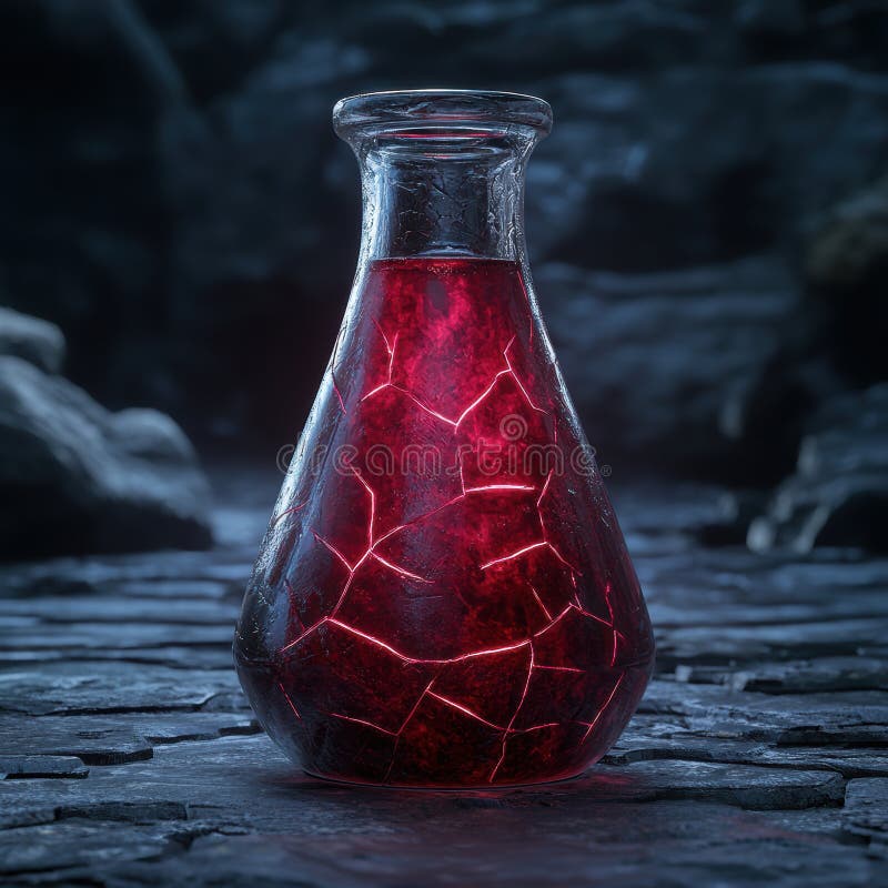 Glowing Red Potion in a Cracked Glass Container Stock Illustration ...