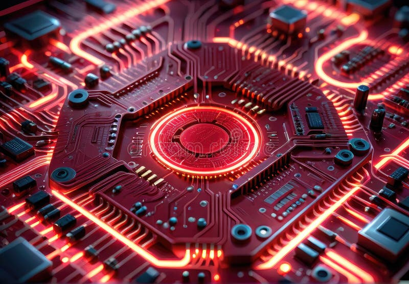 A Glowing Red Processor Circuit Stock Illustration - Illustration of ...