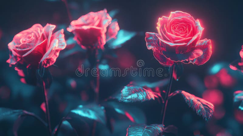 Glowing Red Roses in Dark Night Setting Stock Illustration ...