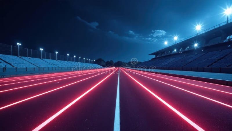 Glowing Red Running Track at Night in Futuristic Stadium Stock Photo ...