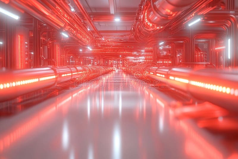 Glowing Red Server Room with Rows of LED Lit Racks Symbolizing Data Processing Secure ...