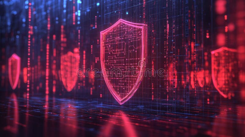 A Glowing Red Shield Composed of Digital Circuitry Stands As a Symbol ...