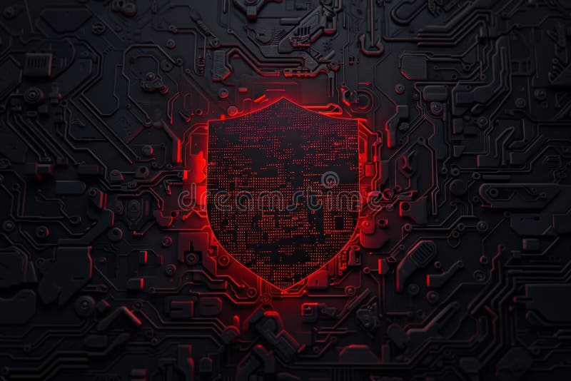 A Glowing Red Shield Sits on a Dark, Circuit Board Background. the ...