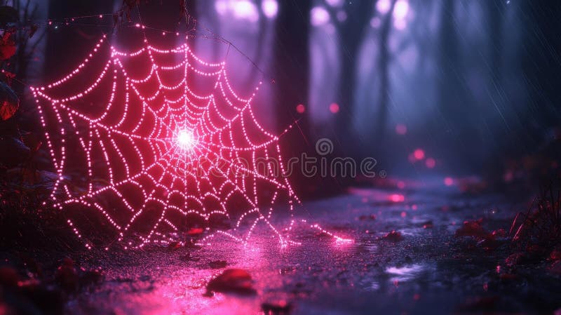 Glowing Red Spider Web in a Magical Forest Setting Stock Illustration ...