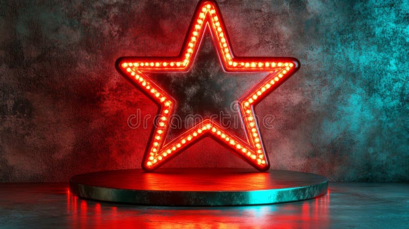 Glowing Red Star Sign with Circular Platform in Front of a Grungy Wall ...