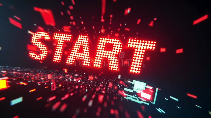 Glowing Red START Text Bursts from Digital Particles on Dark Background ...