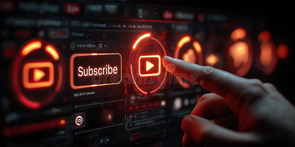 Glowing Red Subscribe Button is Being Pressed on Futuristic Digital ...
