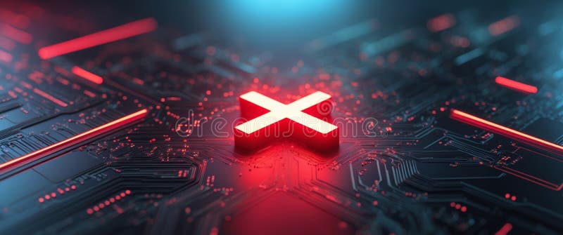 Glowing Red X Symbol on Digital Circuitry Background Stock Photo ...