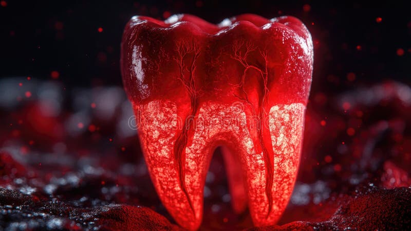 Glowing Red Tooth with Tree-like Veins in Dark Ambient Setting Stock ...