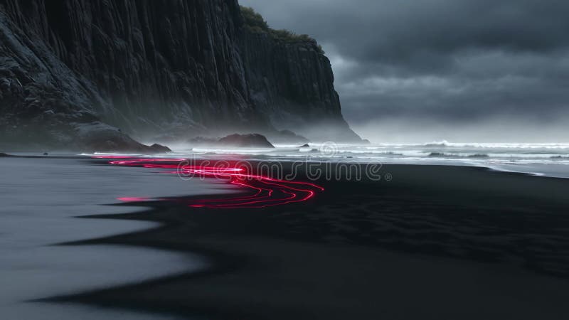 Mysterious Glowing Trail on Dark Beach at Twilight with Dramatic Cliffs ...