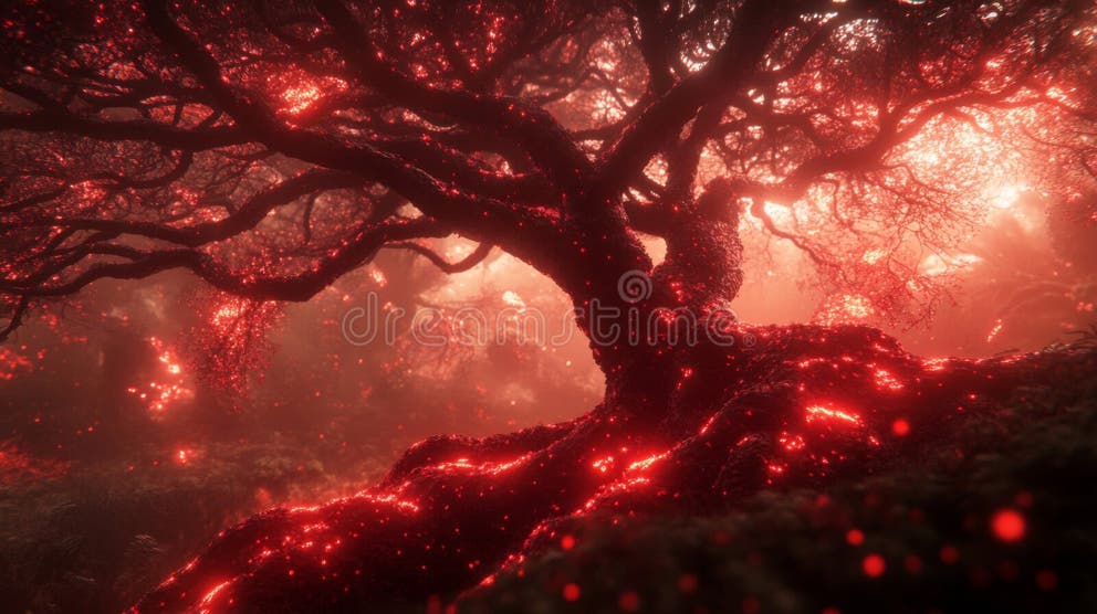 Glowing Red Tree Roots and Branches in a Dark Fantasy Forest with Soft ...
