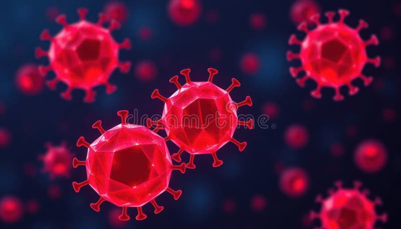 Glowing Red Virus Shapes Float Against Dark Blue Background ...