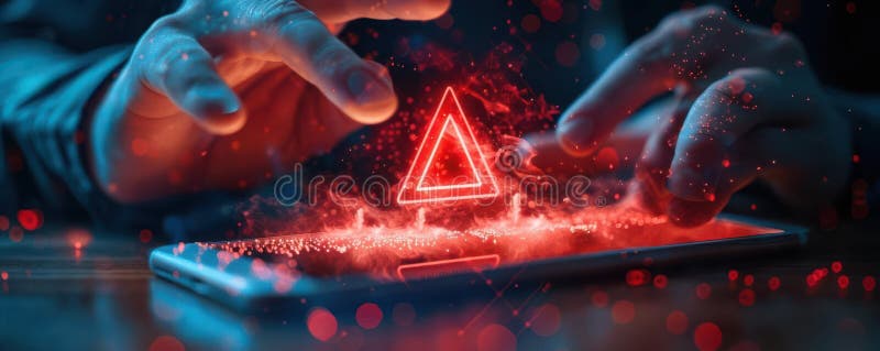 Glowing Red Warning Symbol on a Tablet, Surrounded by Hands and Digital ...