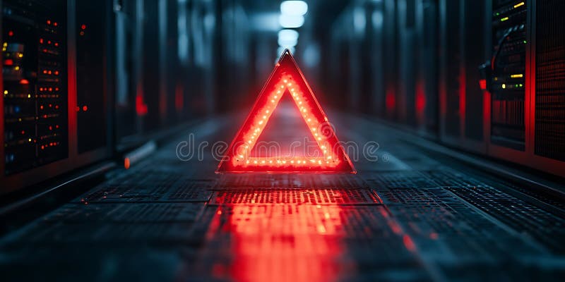 Glowing Red Warning Triangle in Dark Server Room Implies Critical Error ...