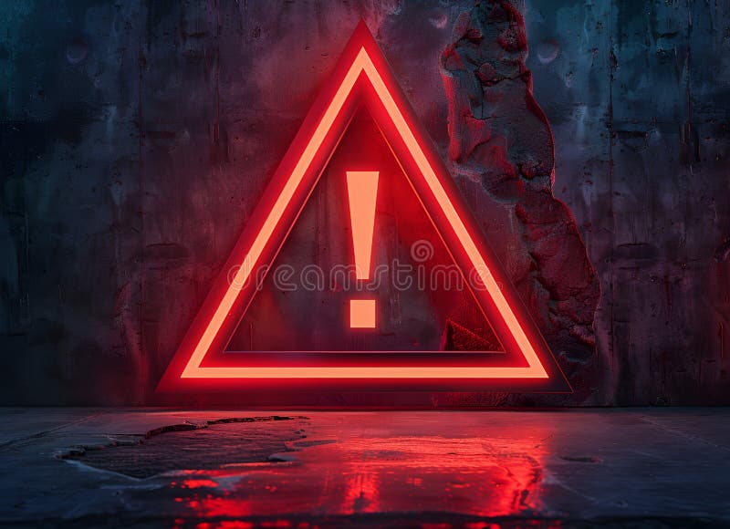 Glowing Red Warning Triangle with Exclamation Mark on Dark Industrial ...