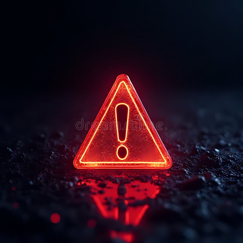 A Glowing Red Warning Triangle, with an Exclamation Mark, Reflects on ...