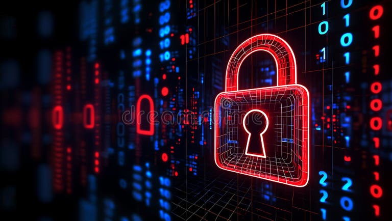 Glowing Red Wireframe Padlock with Binary Code Background Stock ...