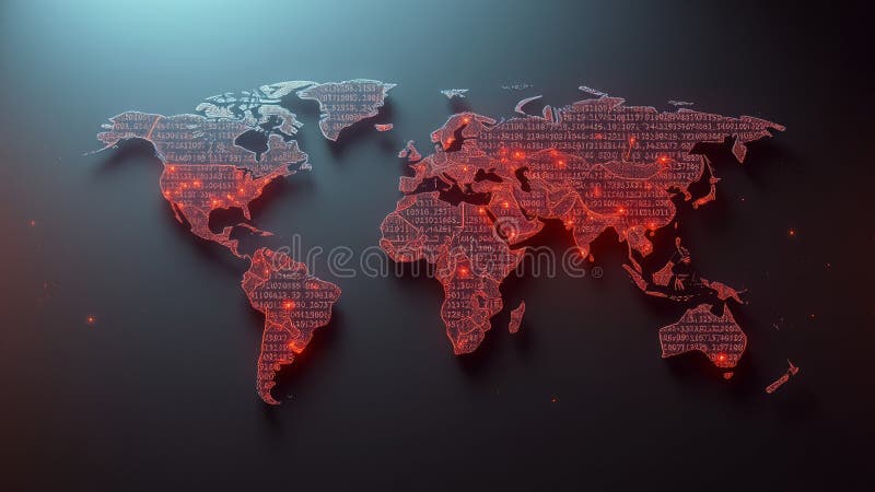 A Glowing Red World Map with Digital Numbers Stock Illustration ...