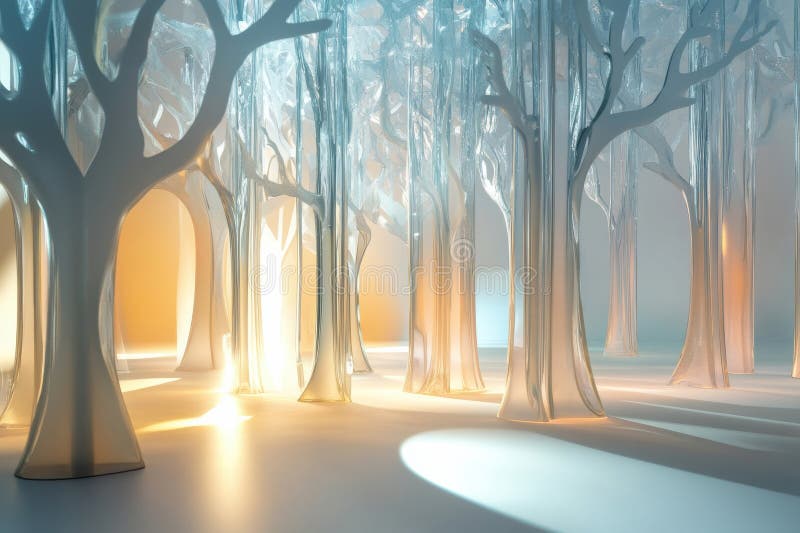 Glowing Reflections in a Glass Forest with Abstract Tree Shapes ...