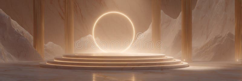 Glowing Ring Arch Behind a Cream Platform with Golden Light Halo Stock ...