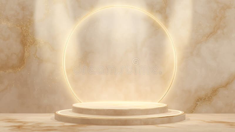 Glowing Ring Arch Behind a Cream Platform with Golden Light Halo Stock ...