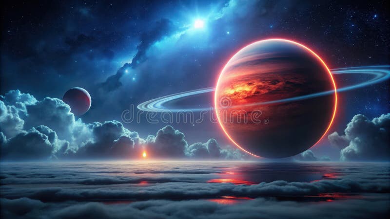 A Glowing Ringed Planet Over a Sea of Clouds in a Distant Star System ...