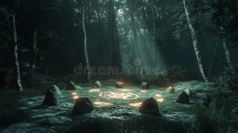 A Glowing Ritual Circle in a Dark, Mysterious Forest Stock Illustration ...
