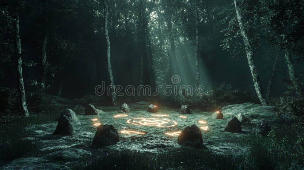 A Glowing Ritual Circle in a Dark, Mysterious Forest Stock Illustration ...