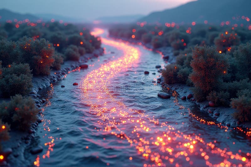 Glowing River at Dusk with Sparkling Water and Lush Surroundings Stock ...
