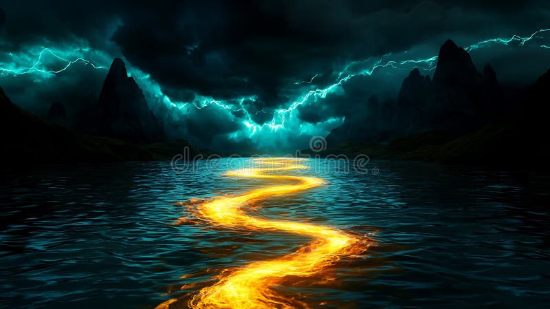 Glowing River Flowing through Vibrant Fields of Life Stock Illustration ...
