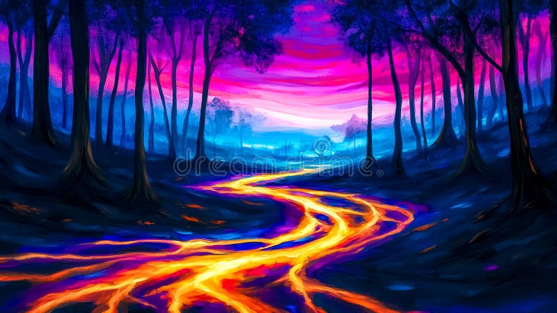 Glowing River Flowing Vibrant Magical Forest Sunset Stock Photos - Free ...